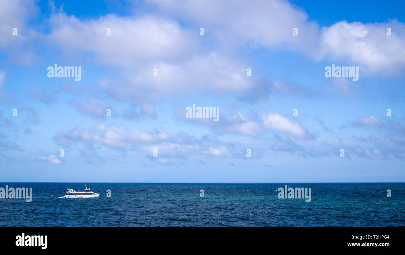 Motor boat on the horizon, seascape, skyline, panorama, copy space ...