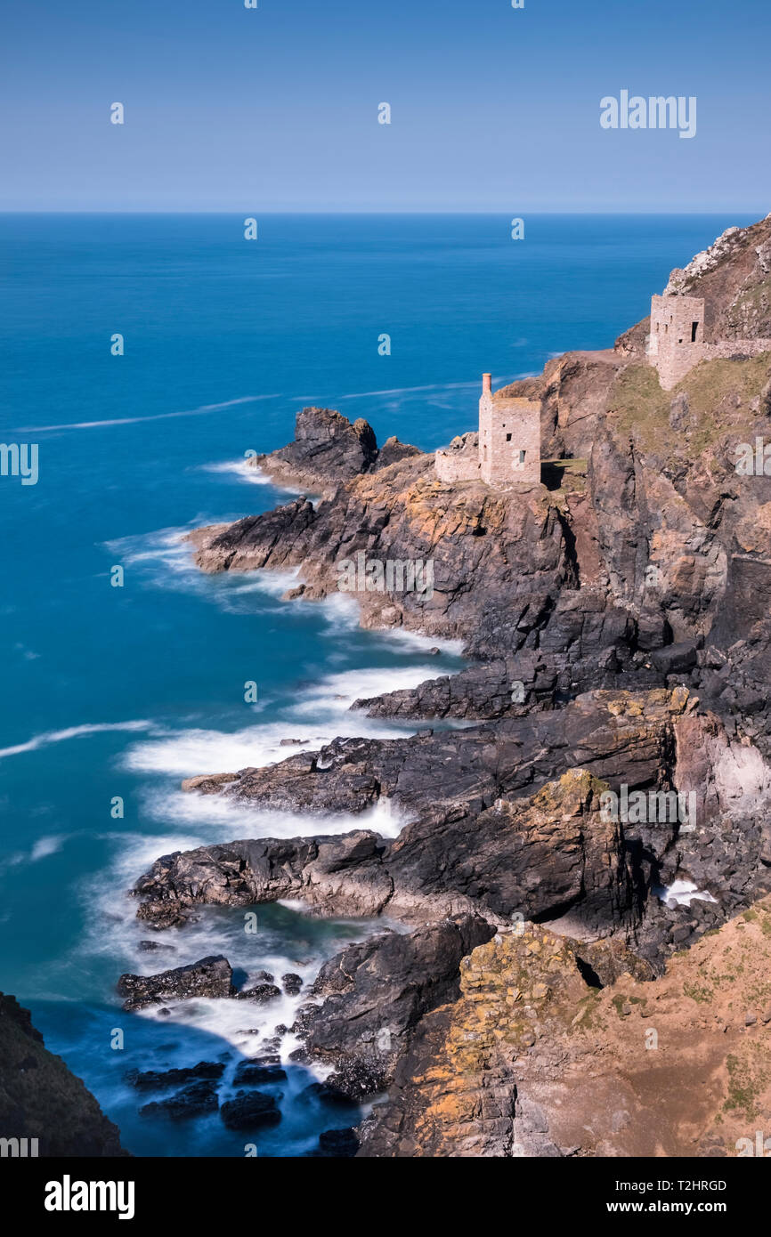 Disused tin mine buildings on dramatic cliff edges of north Atlantic ...