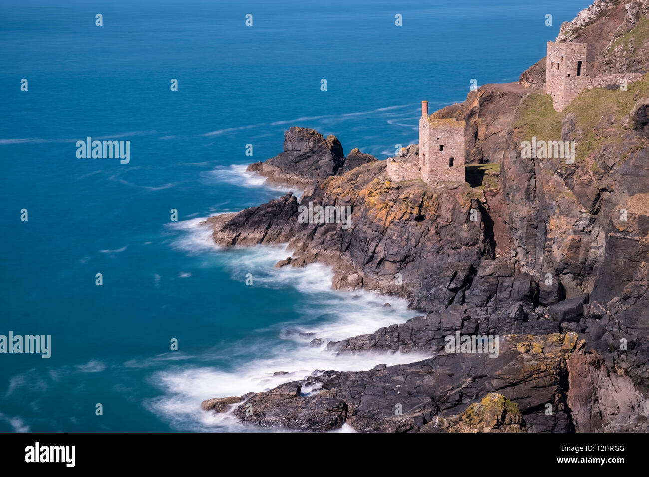 Disused tin mine buildings on dramatic cliff edges of north Atlantic ...