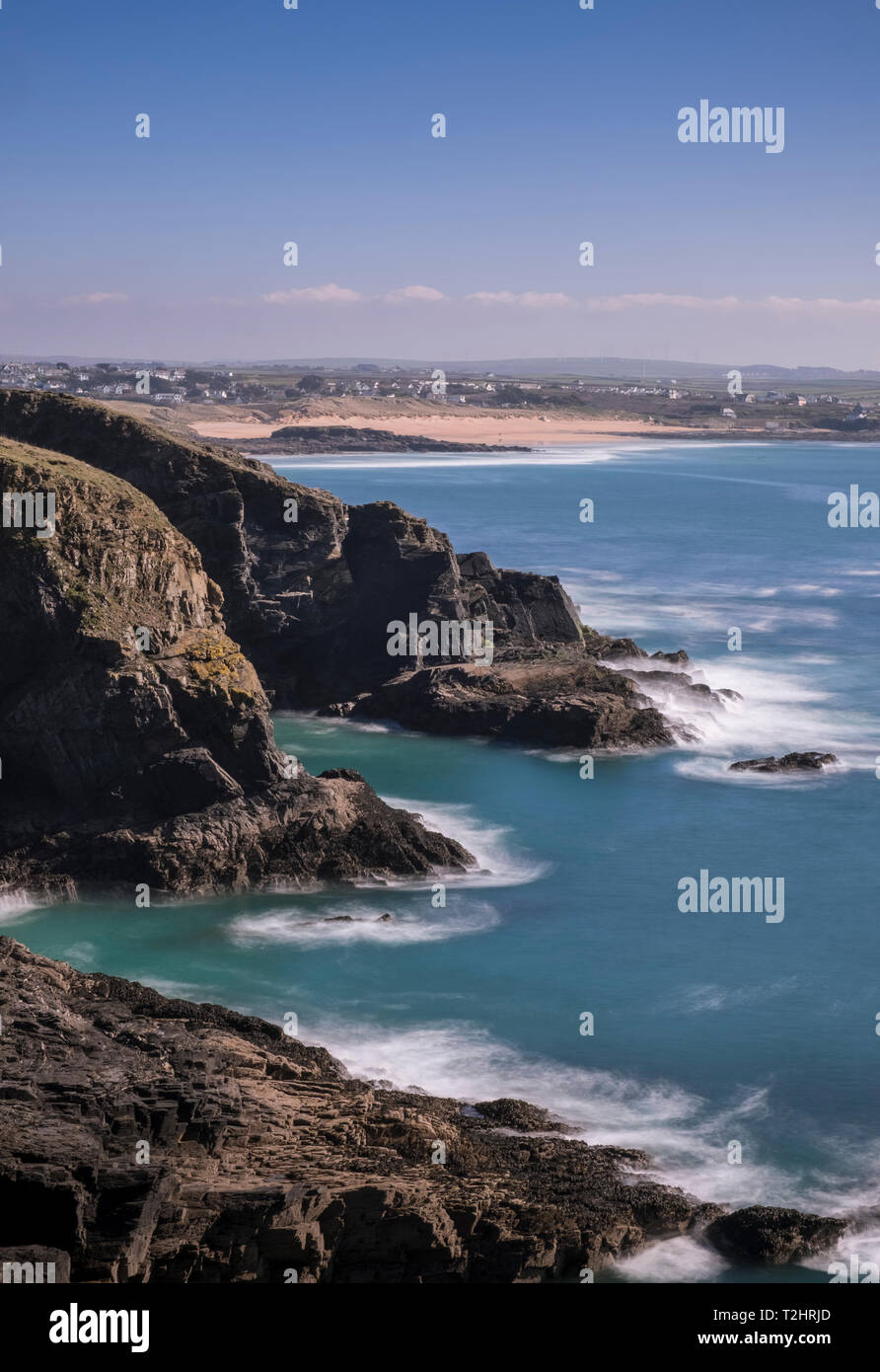 Dramatic cliff edges at DInas Head on the north Atlantic coast, with ...