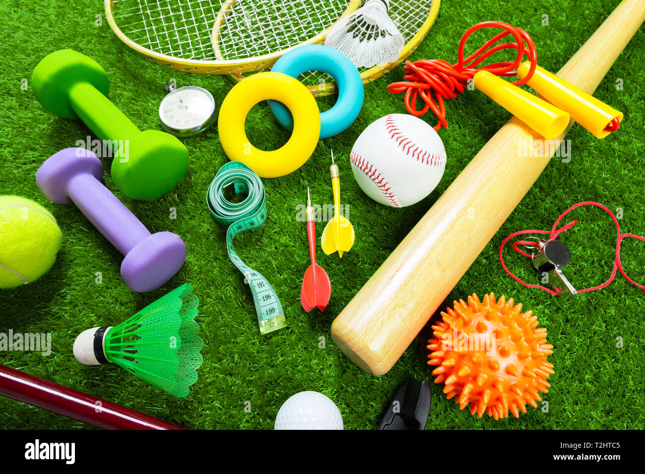 Various sport tools on grass Stock Photo - Alamy