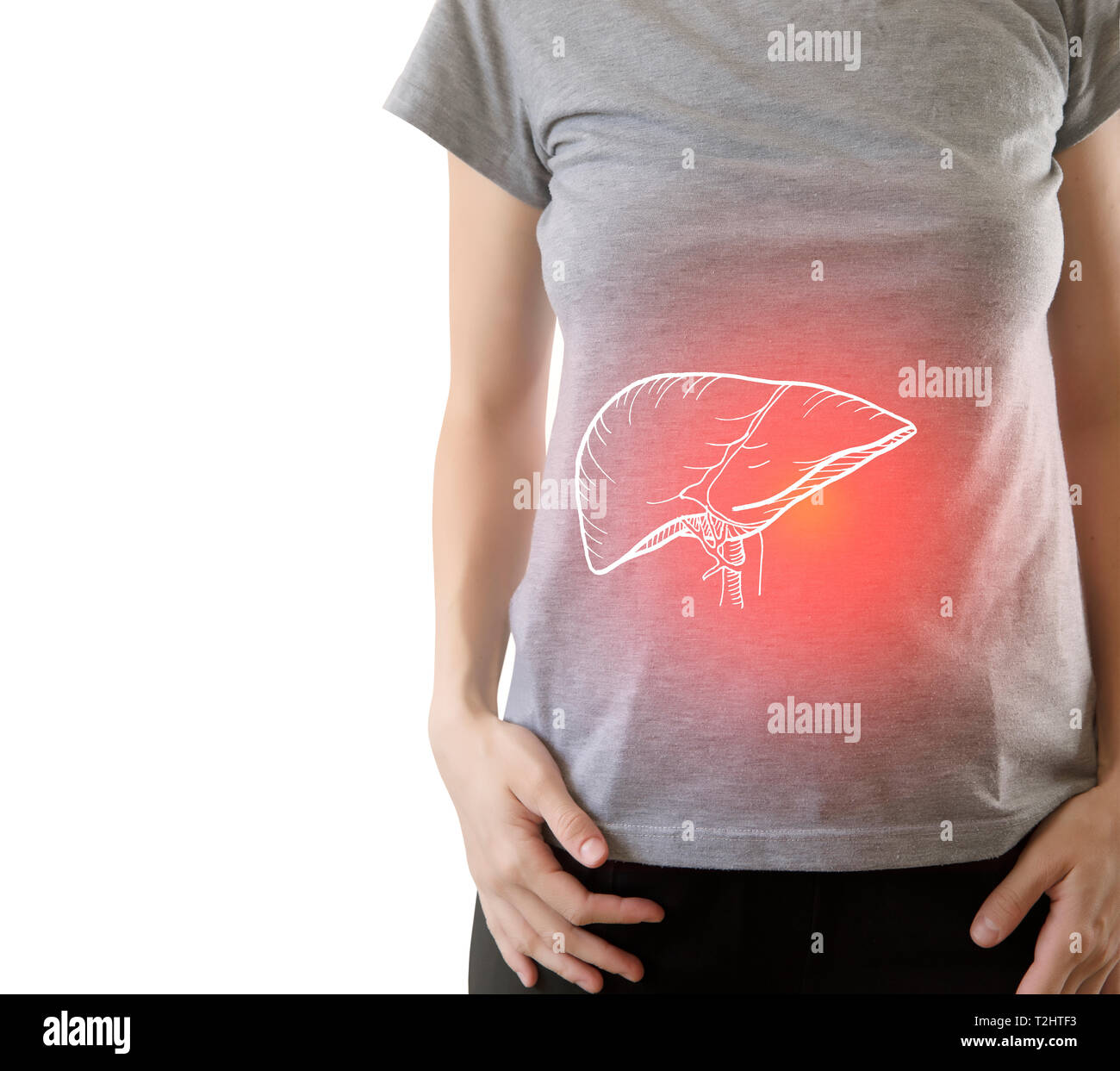 Digital composite of highlighted painful liver of woman / healthcare ...