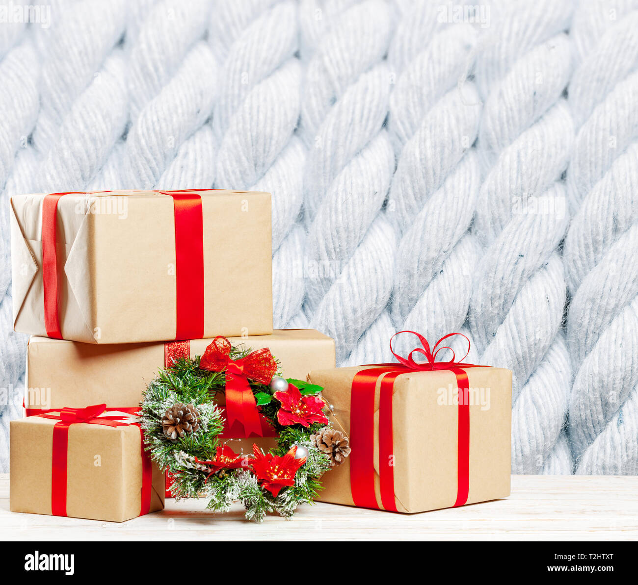 pile of gifts on the old table Stock Photo - Alamy