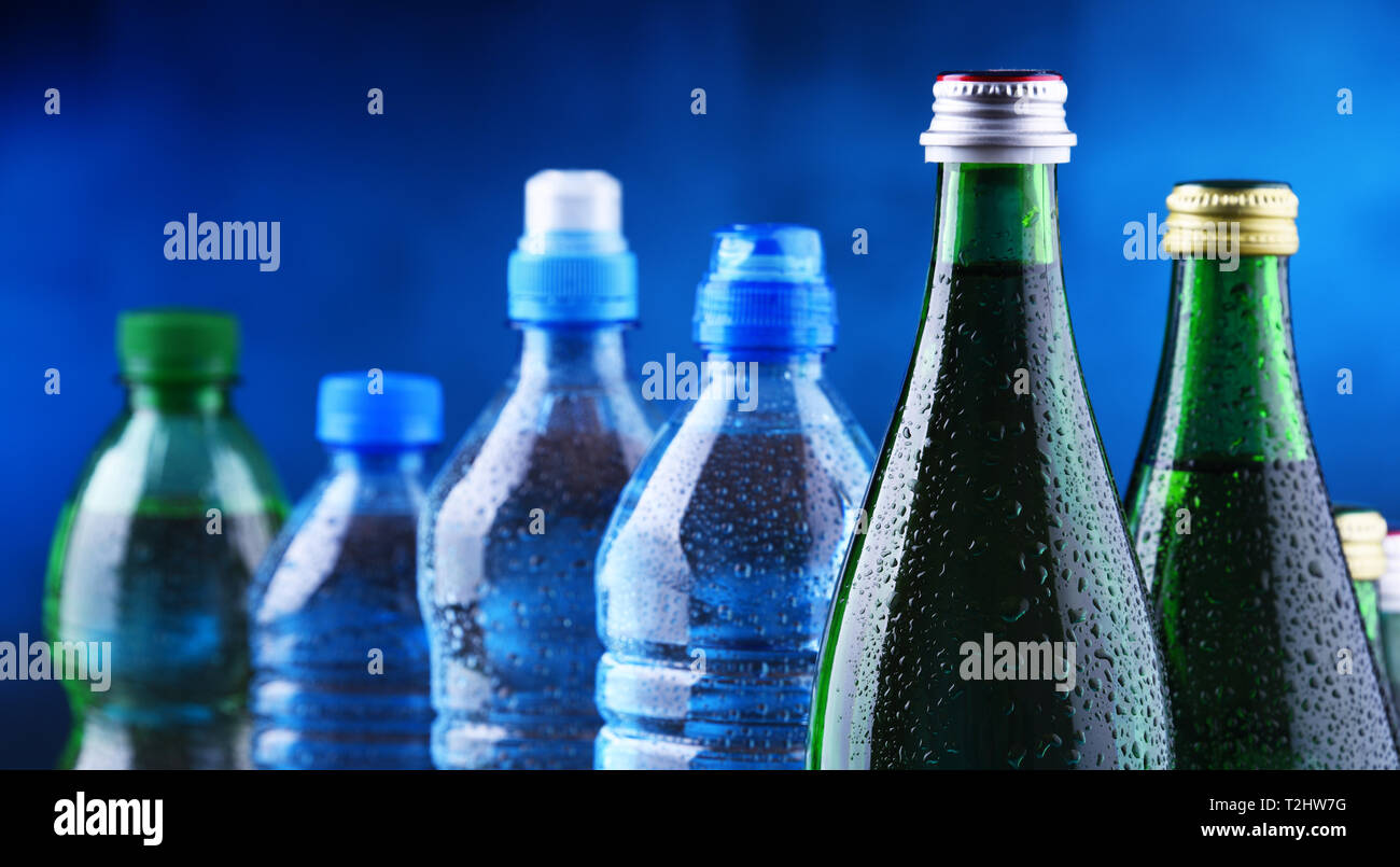 Composition with different sorts of bottles containing mineral water ...