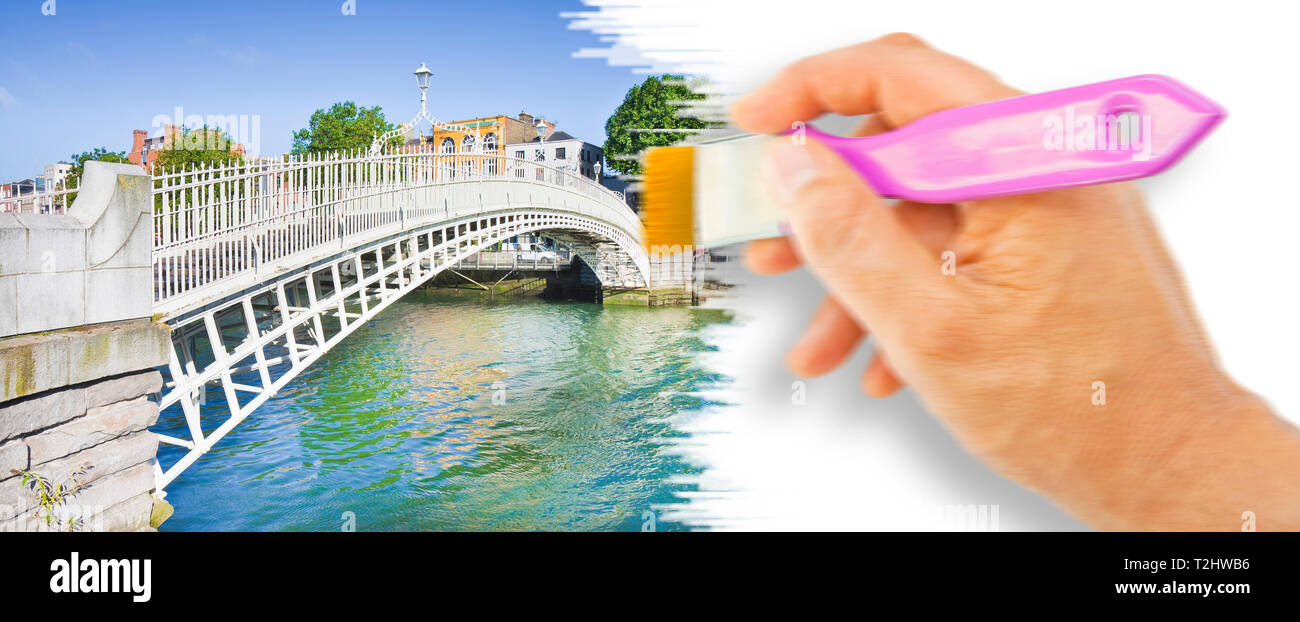 The most famous bridge in Dublin called "Half penny bridge" - concept ...