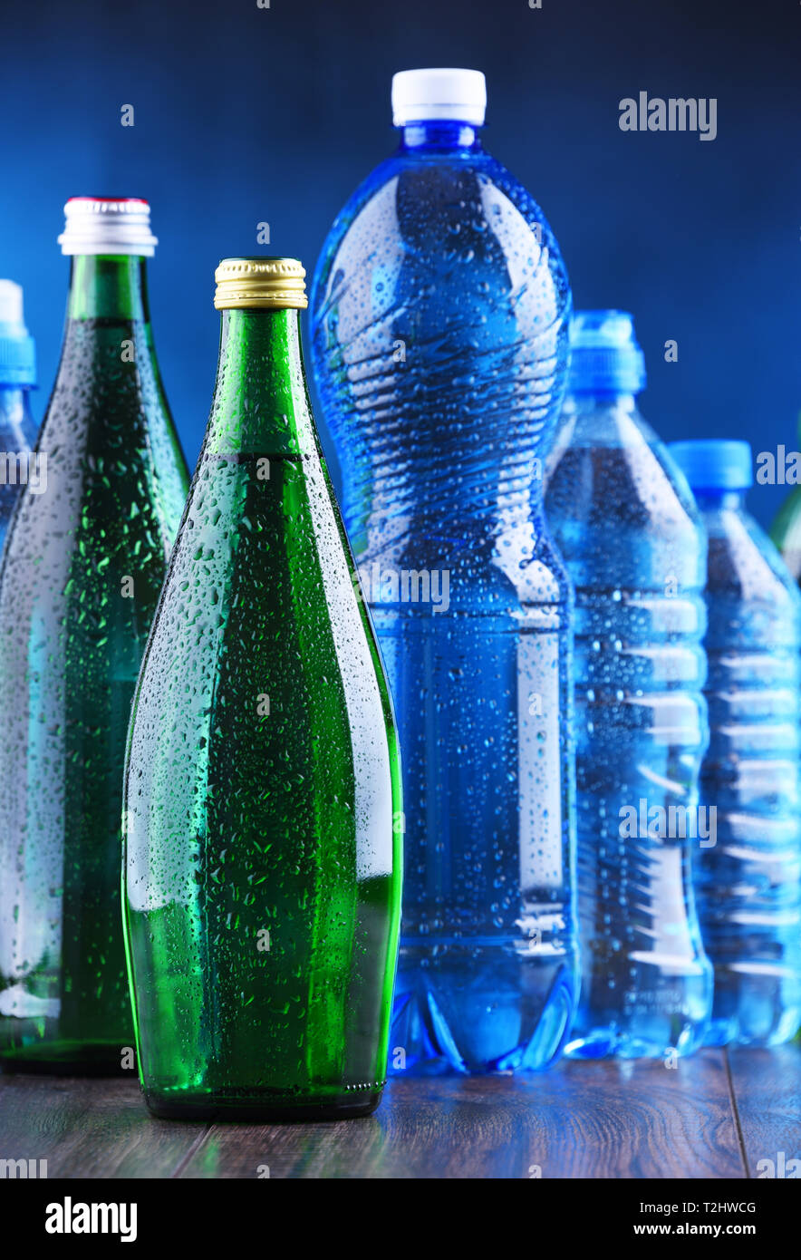 Composition with different sorts of bottles containing mineral water ...