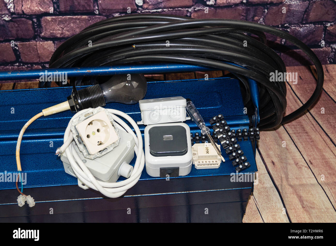 Toolbox with electronic material and equipment for installation Stock ...