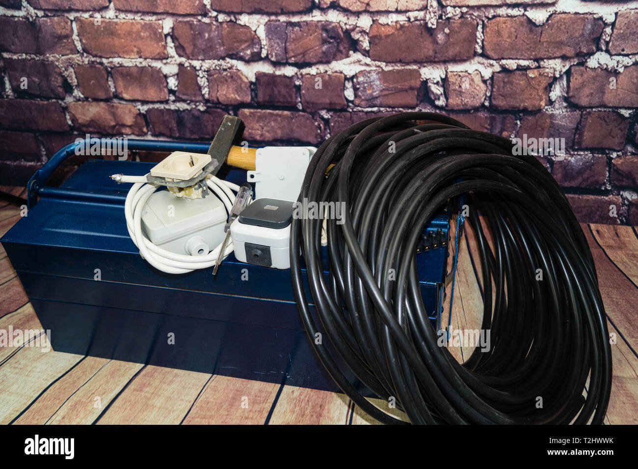 Toolbox with electronic material and equipment for installation Stock ...