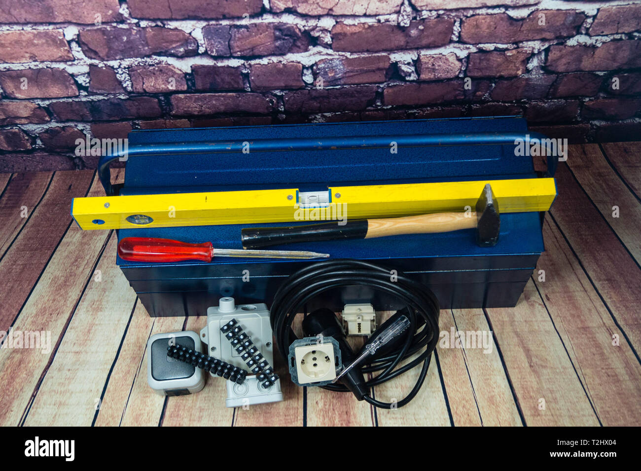 Toolbox with electronic material and equipment for installation Stock ...