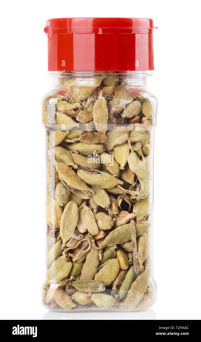 Cardamom in plastic container isolated on white background Stock Photo ...