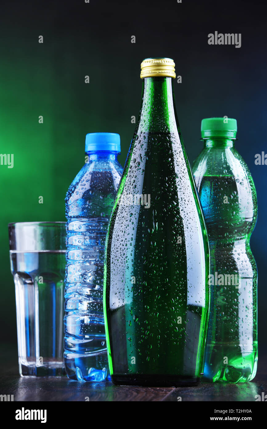 Composition with different sorts of bottles containing mineral water ...