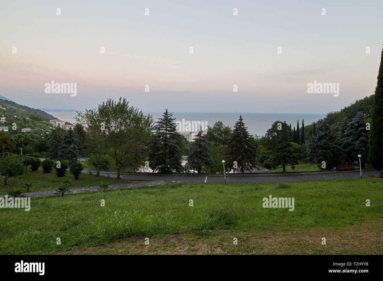 View of the seacoast with residential buildings from the old park ...