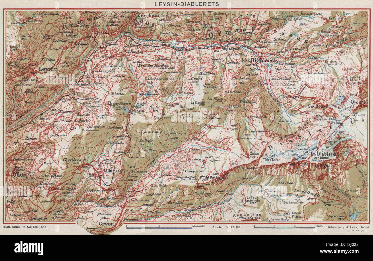 GRANDE-EAU VALLÉE. Leysin Diablerets. Vaud. Vintage map. Switzerland ...