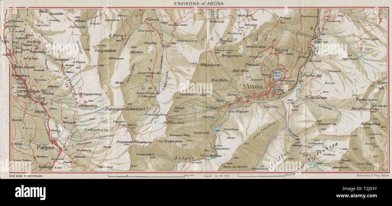 AROSA ENVIRONS. Churwalden Weisshorn. Vintage map plan. Switzerland ...