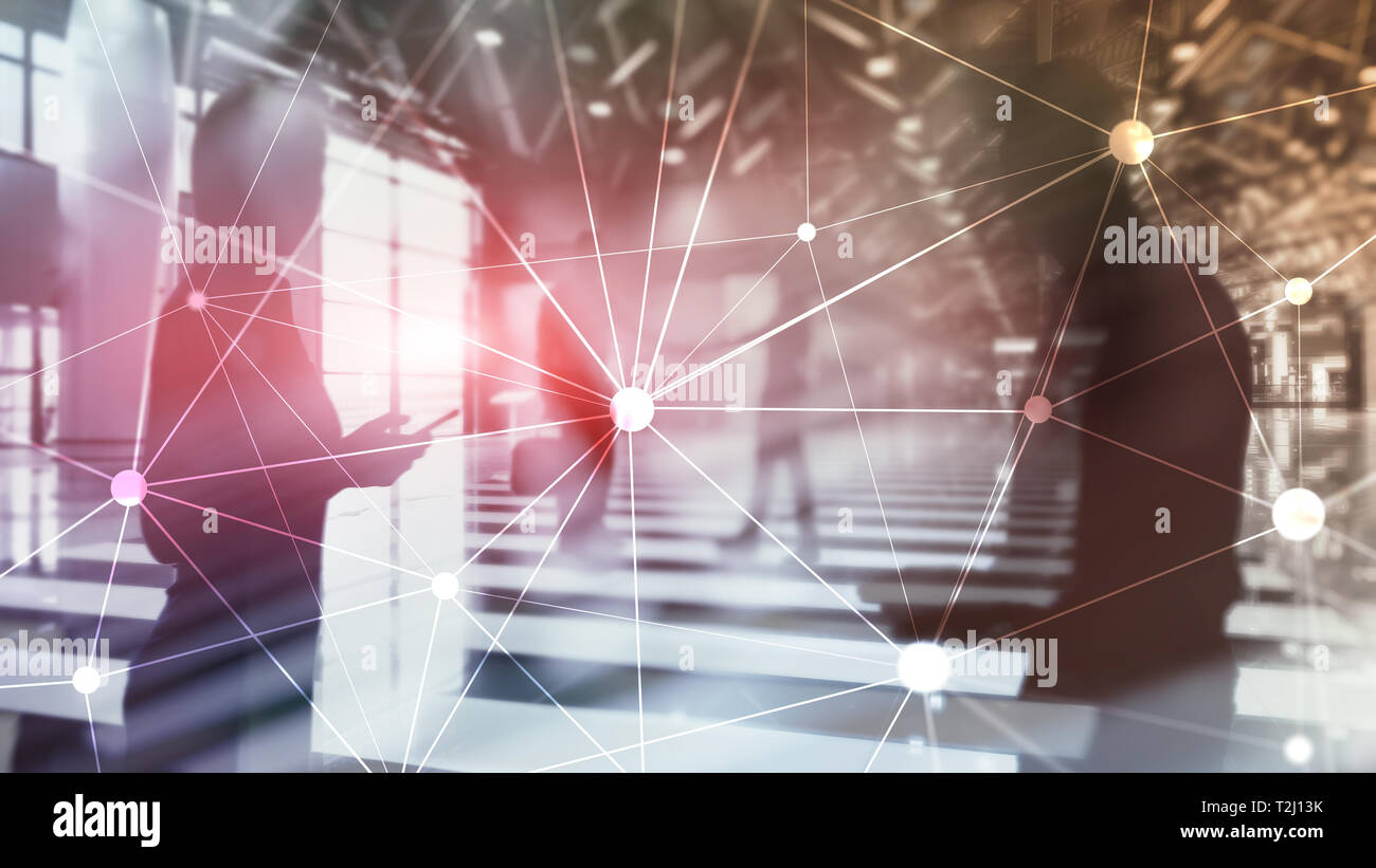 Blockchain network on blurred skyscrapers background. Financial ...