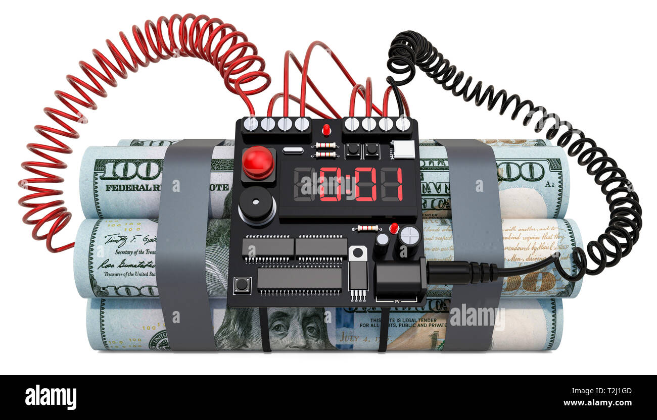 Economic crisis concept. Dollar packs like a time bomb. 3D rendering ...