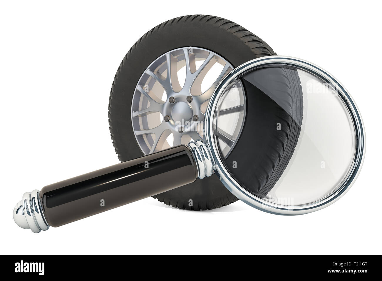 Car wheel with magnifying glass, 3D rendering isolated on white ...