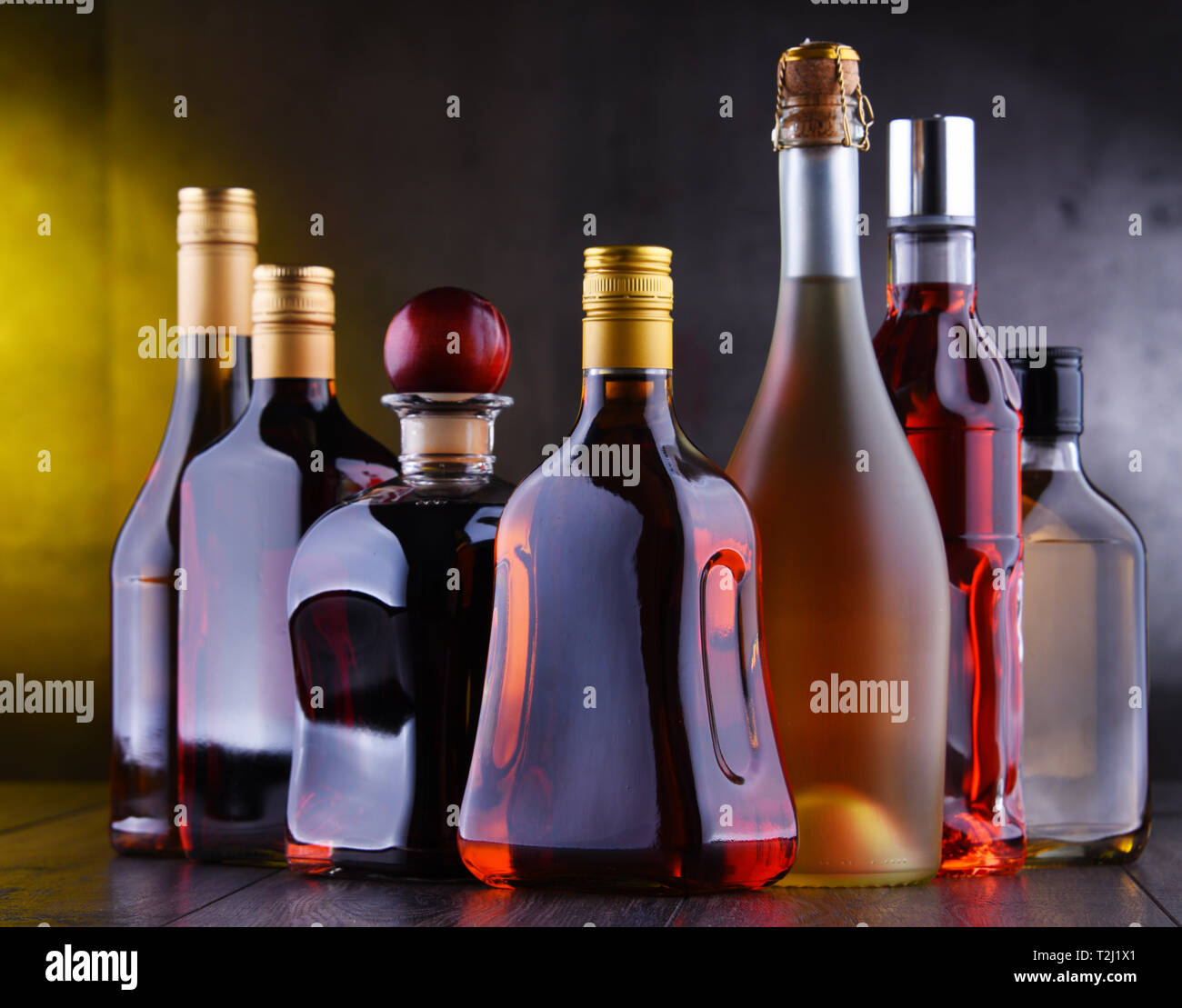 Composition with bottles of assorted alcoholic beverages Stock Photo ...