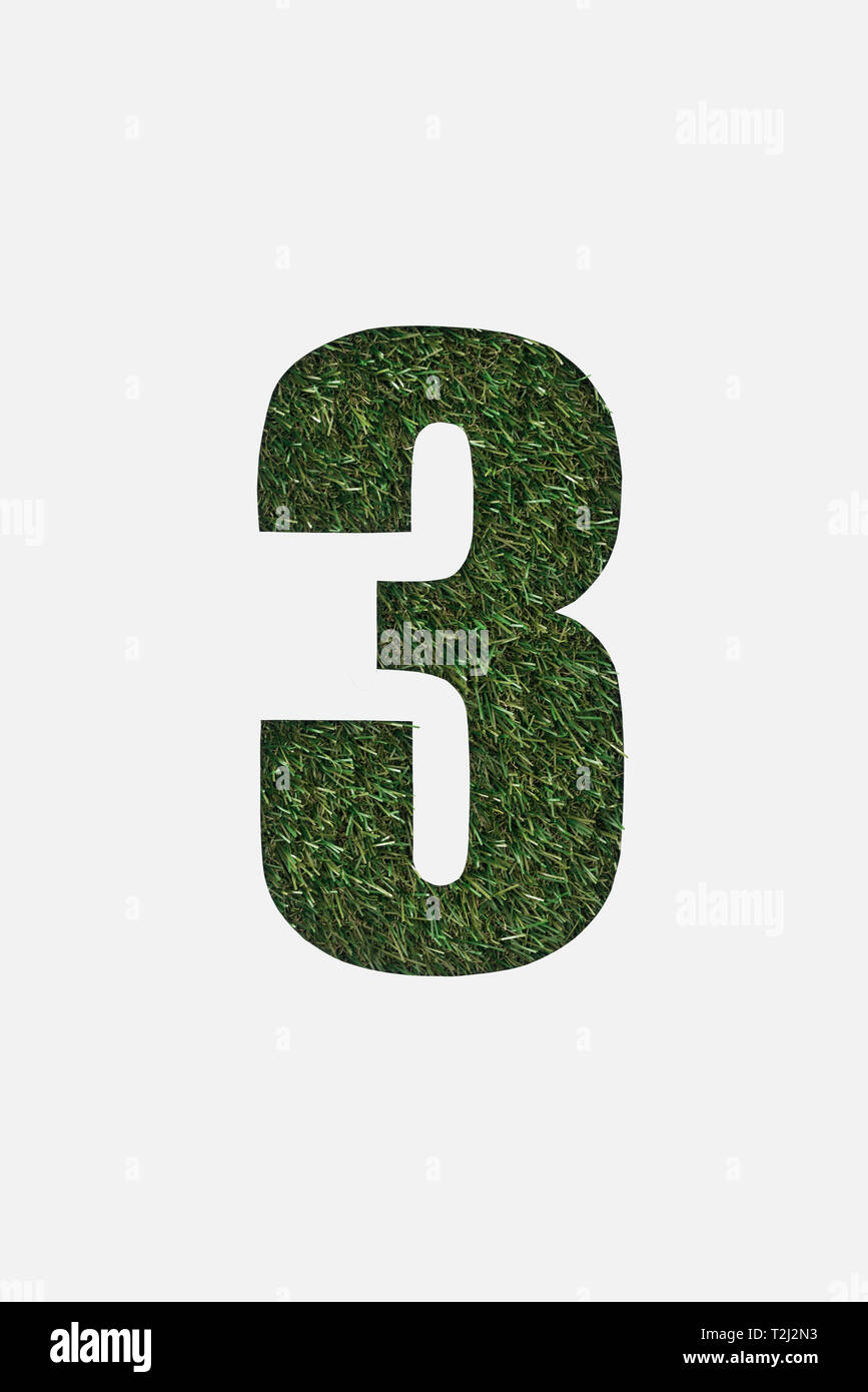 top view of cut out cyrillic letter with grass on background isolated ...