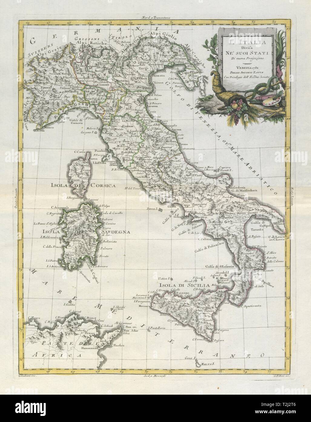 "L'Italia divisa ne' suoi stati". Italy. ZATTA 1784 old antique map ...