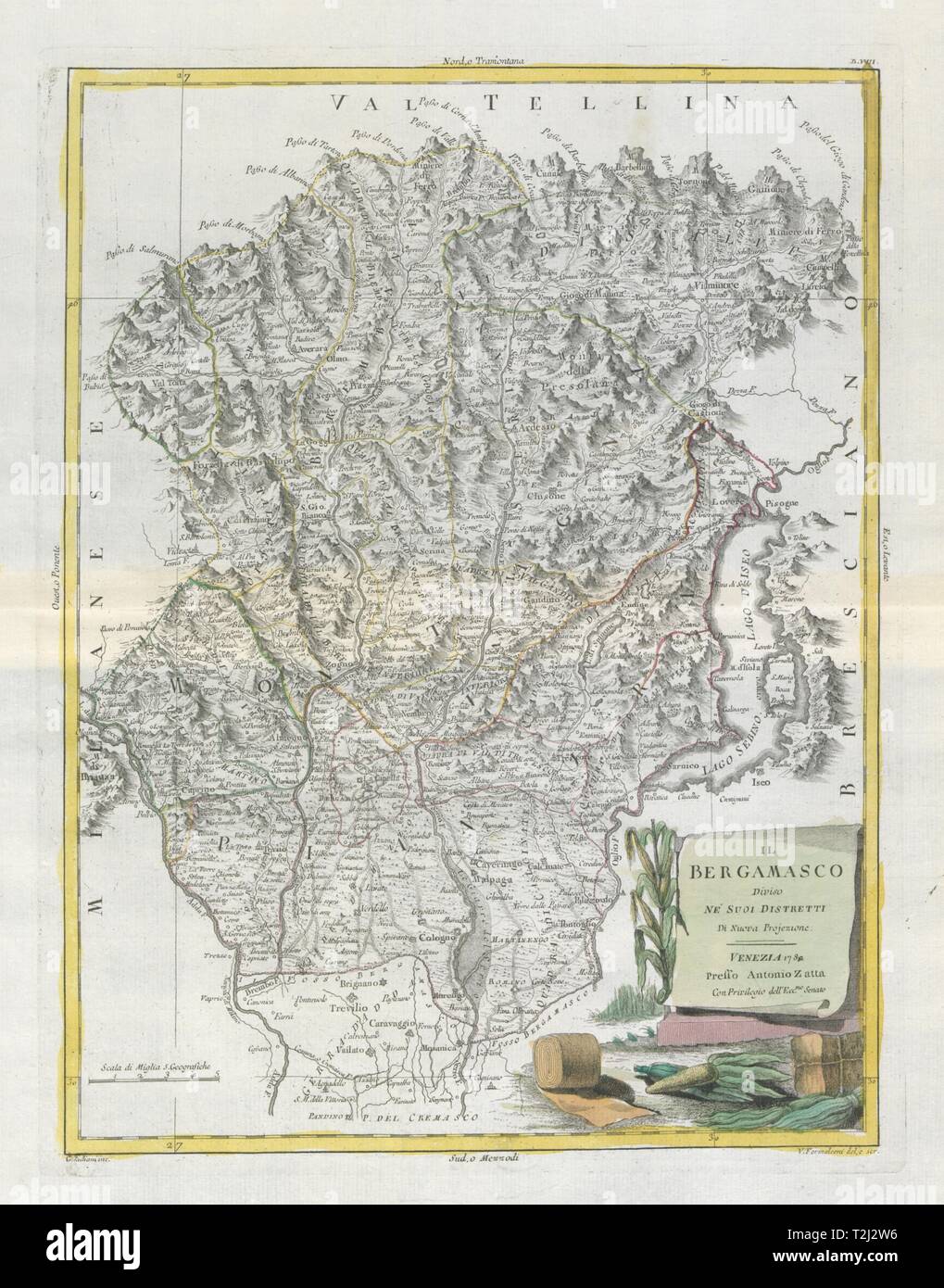 "Il Bergamasco diviso…". Bergamo province. Lake Iseo. ZATTA 1784 old ...