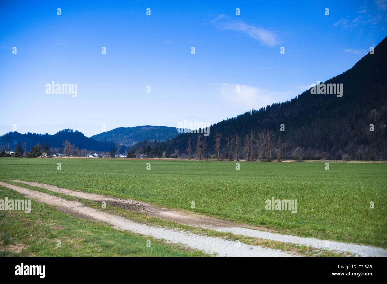 Mountains of the British Columbia coast range overlook farms in the ...