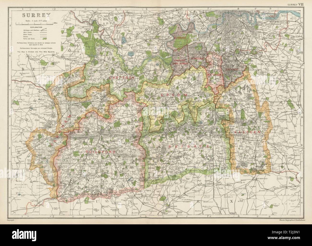 SURREY. Showing Parliamentary divisions, boroughs & parks. BACON 1934 ...