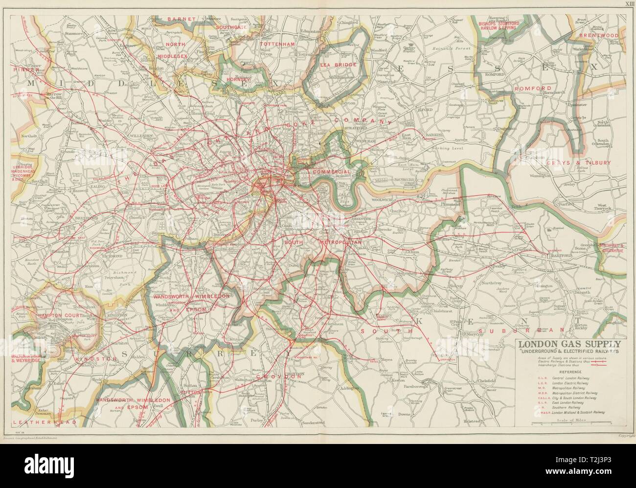 LONDON GAS SUPPLY areas + UNDERGROUND/Tube & electrified railways.BACON ...