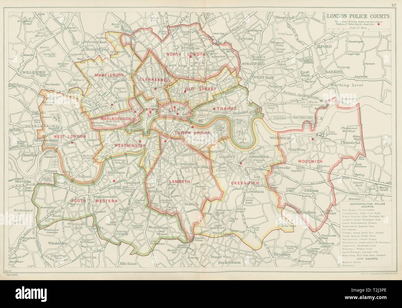 LONDON POLICE COURTS. Showing divisions & court locations. BACON 1934 ...