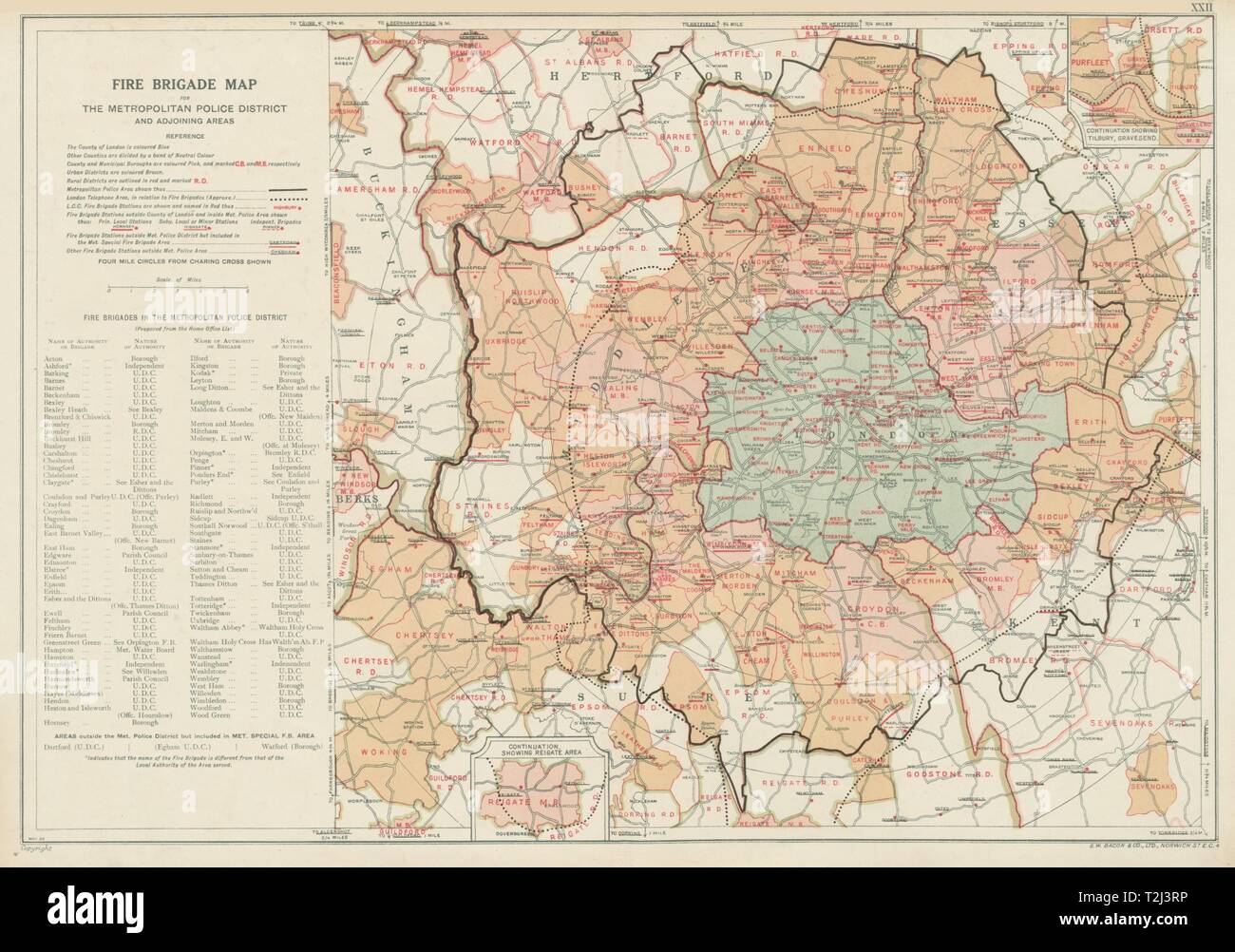 LONDON FIRE BRIGADE. Showing Fire Brigade Stations. Vintage map. BACON ...