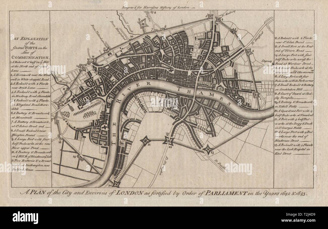 Civil War plan of London as fortified by Parliament in 1642/3 .HARRISON ...