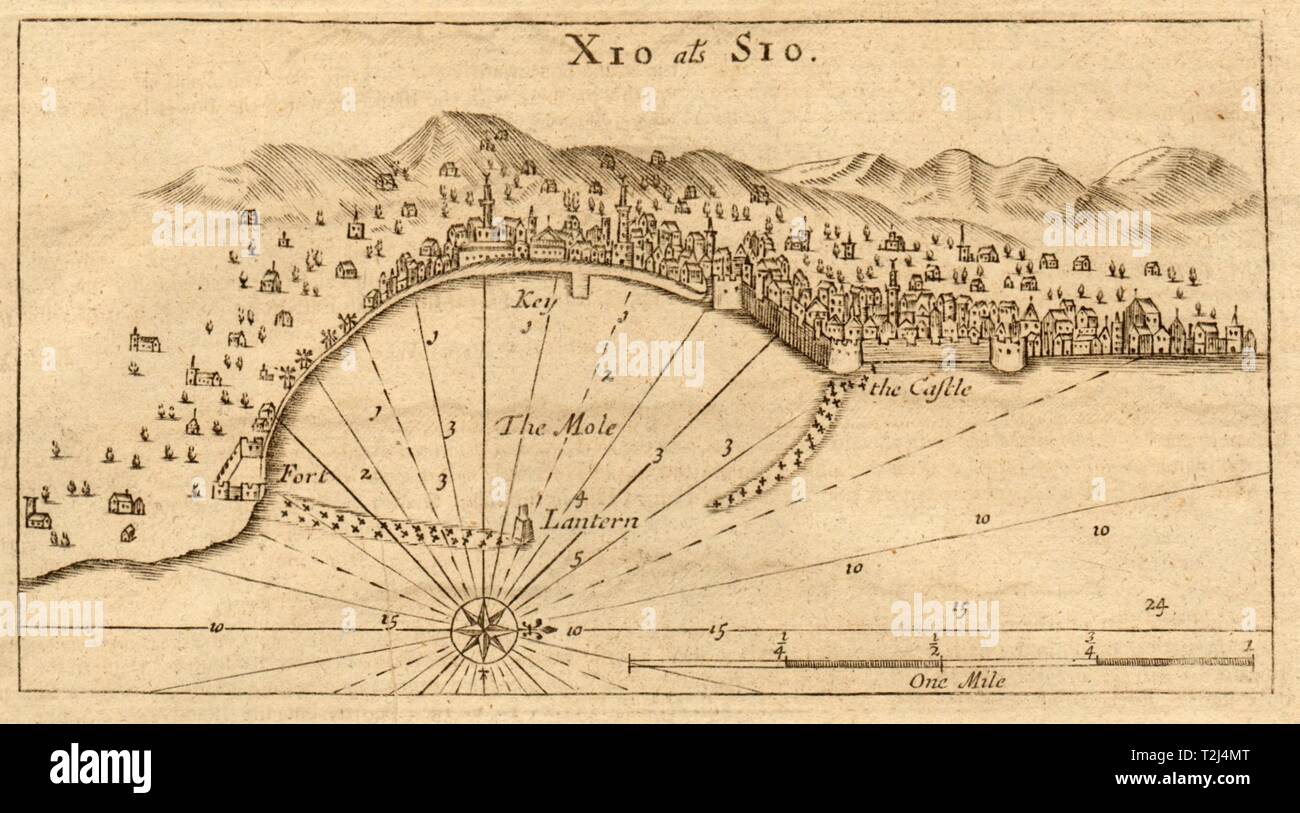 "Xio als Sio". Chios town, Greece. MOUNT & PAGE sea chart & view 1747 ...