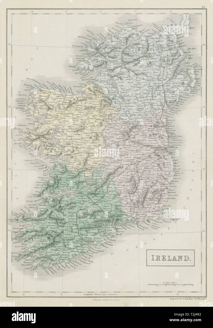 Ireland showing provinces & railways by SIDNEY HALL 1856 old antique ...