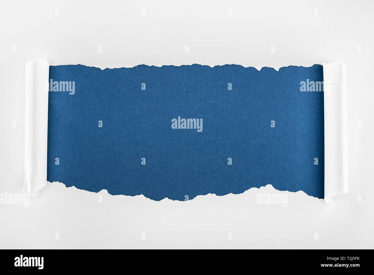 ragged textured white paper with curl edges on deep blue background ...