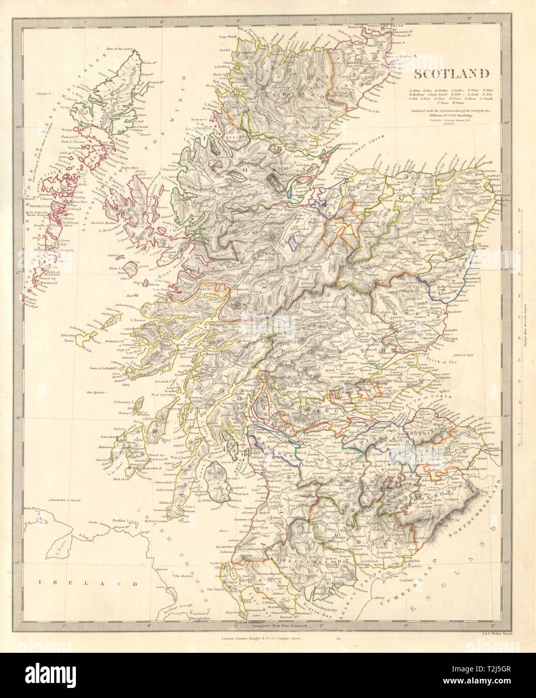 SCOTLAND. General map showing castles & kirks. Railways. SDUK 1845 old ...