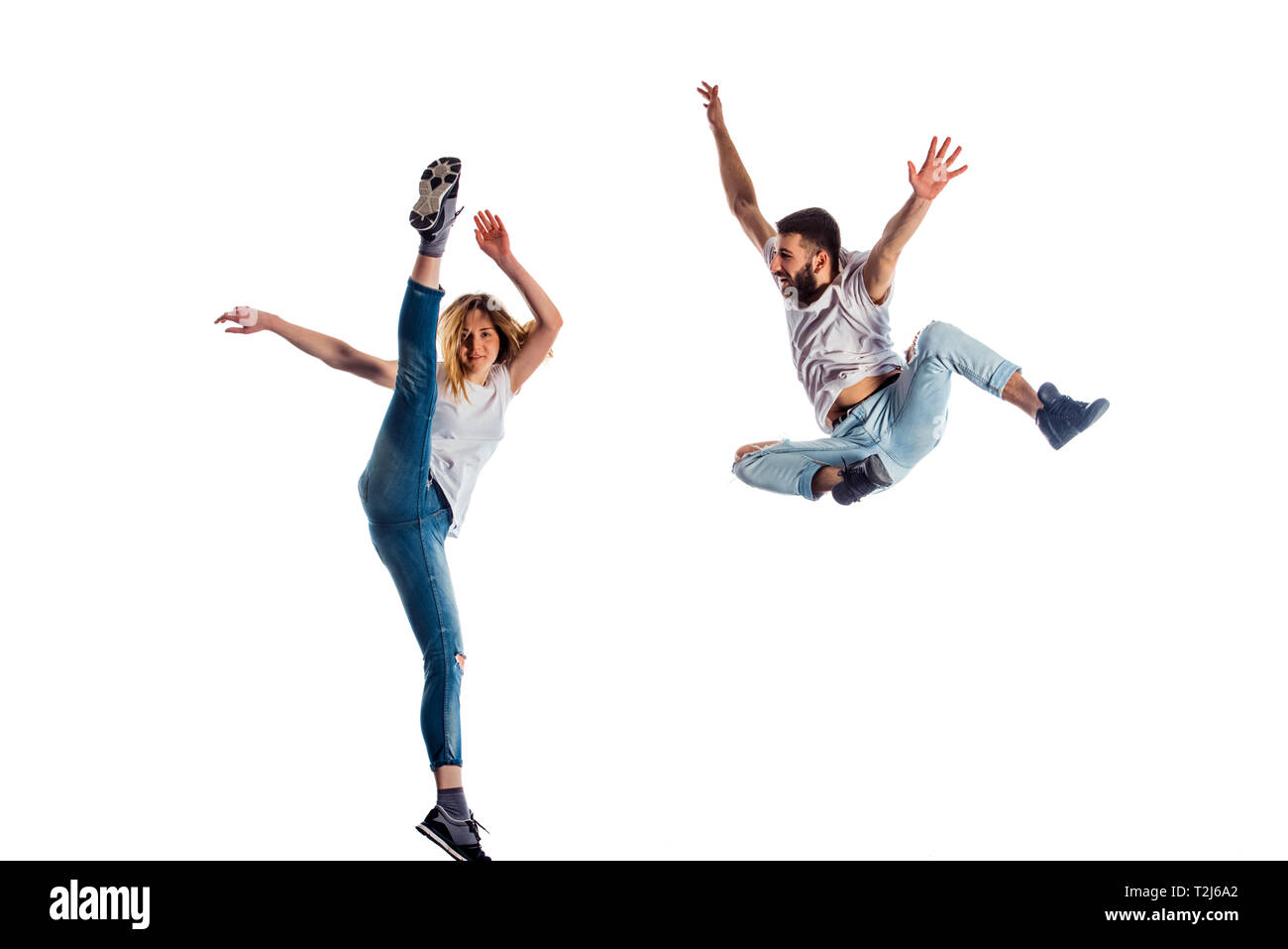Couple is having aerobic performance on white background Stock Photo ...