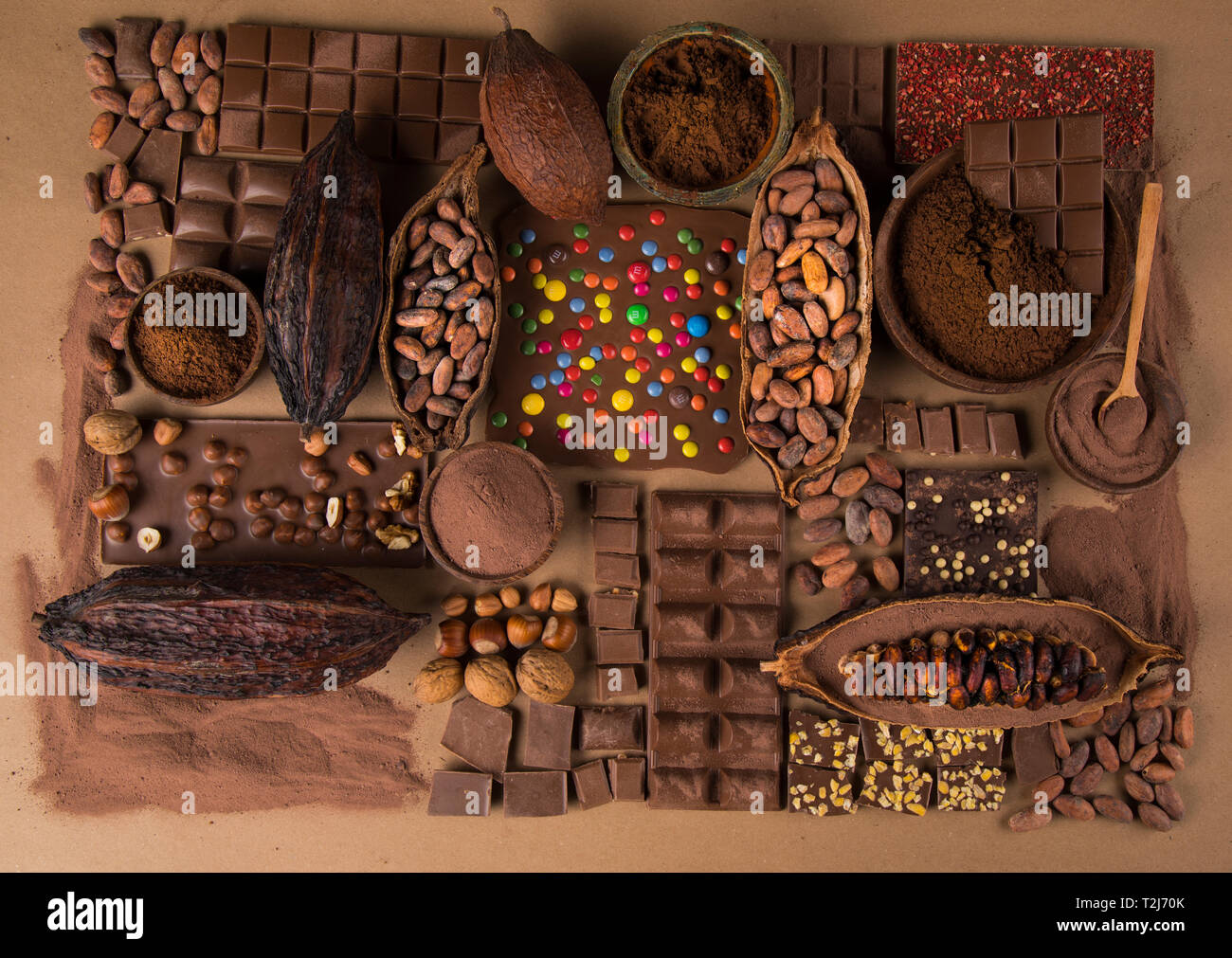 Collection chocolate, Cocoa pod, candy sweet, dessert on natural paper ...