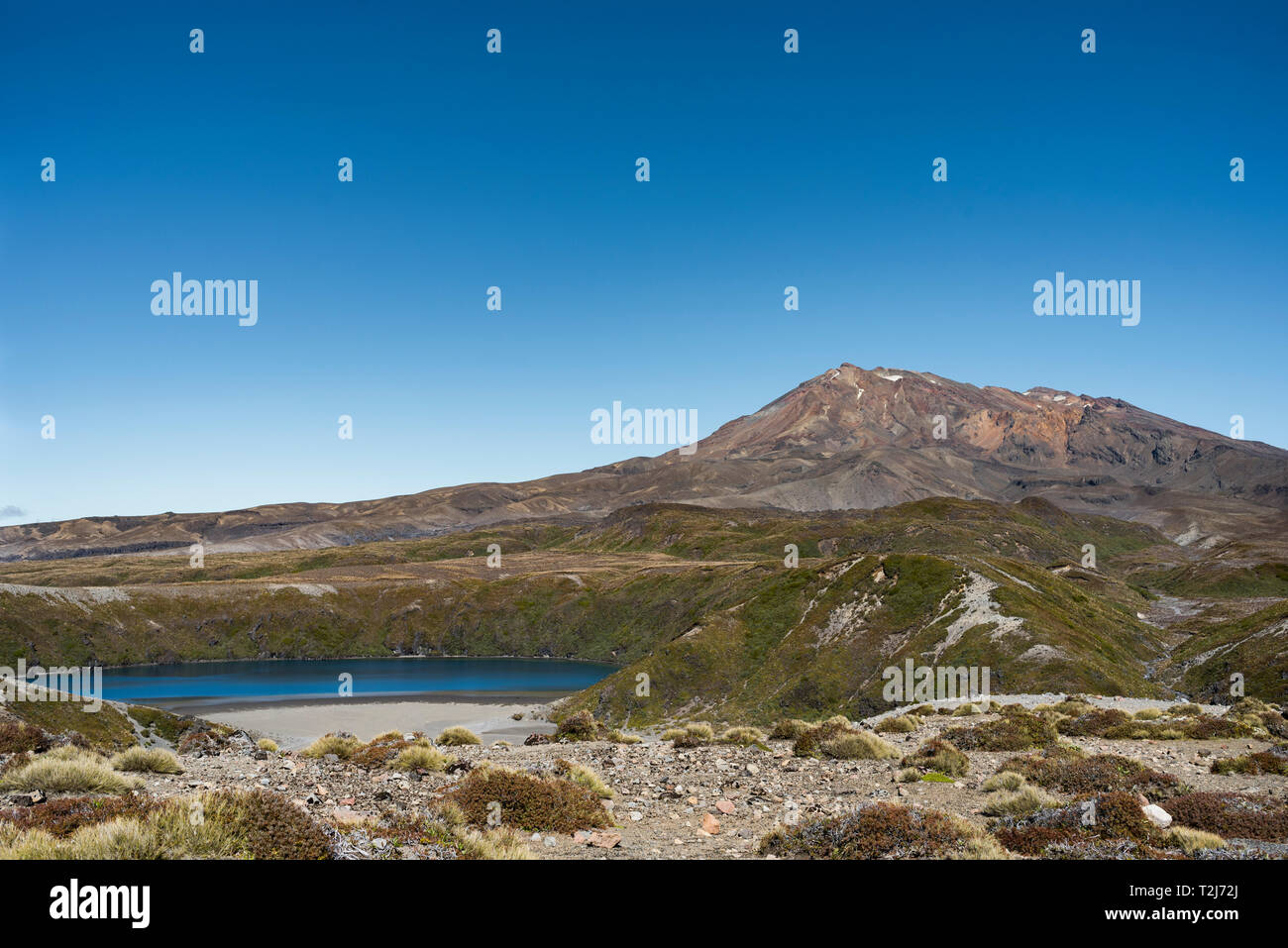 Tongariro National Park, New Zealand. View of lower Tama Lake and Mount ...