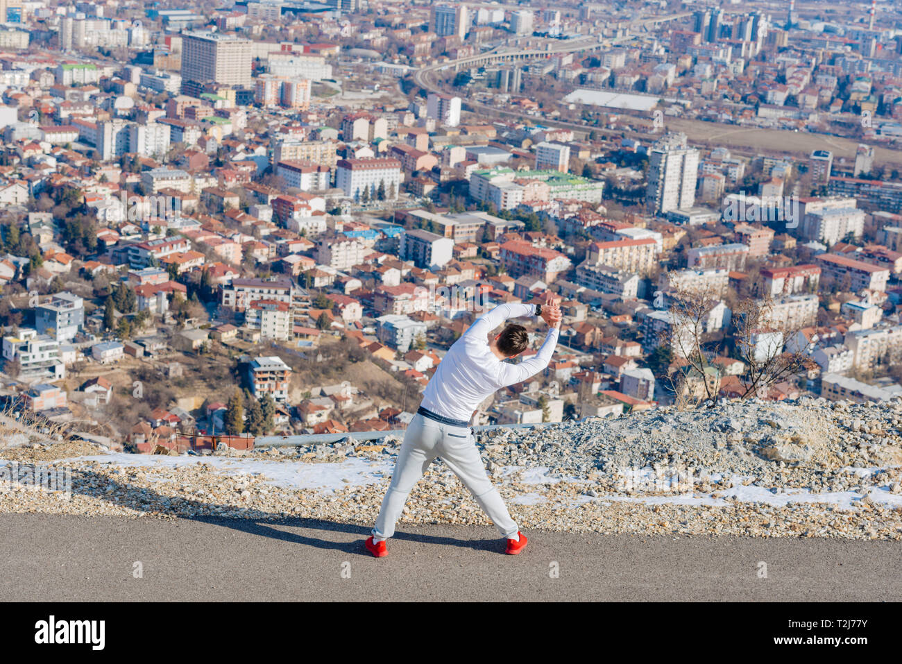Bodybuilder performing his warming up session while having an excellent ...
