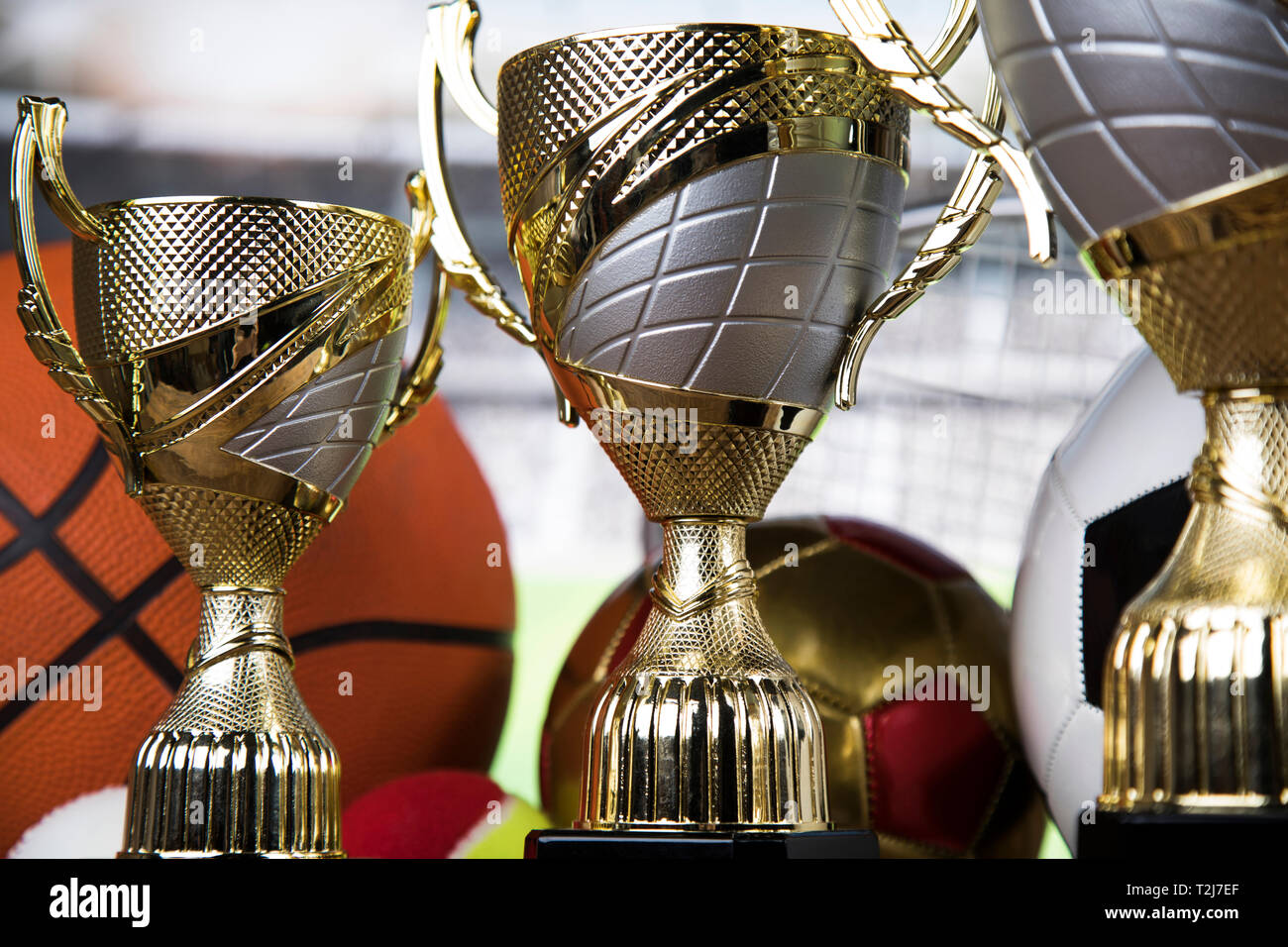 Award winning and championship concept, trophy cup on sport background ...