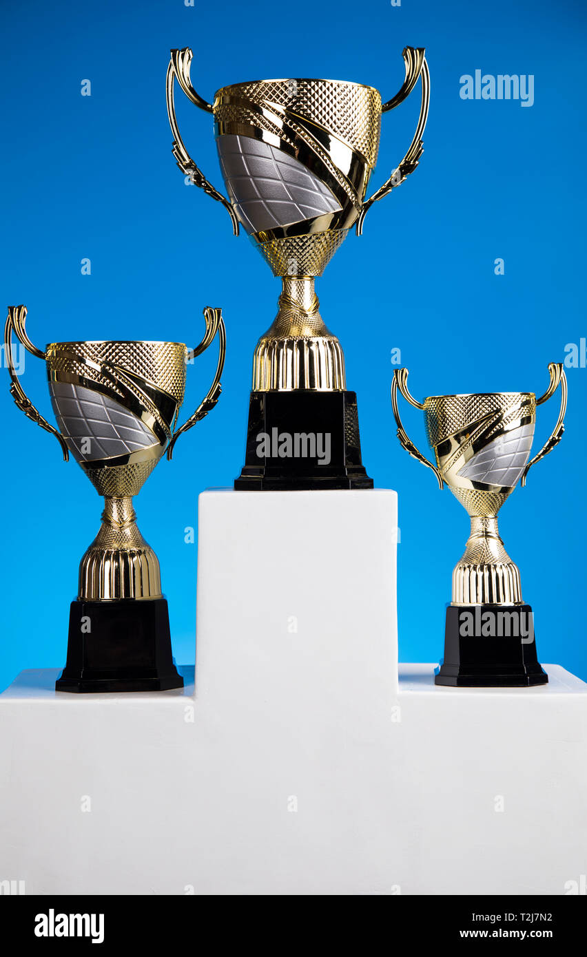 Podium for sports awards, equipment and balls Stock Photo - Alamy