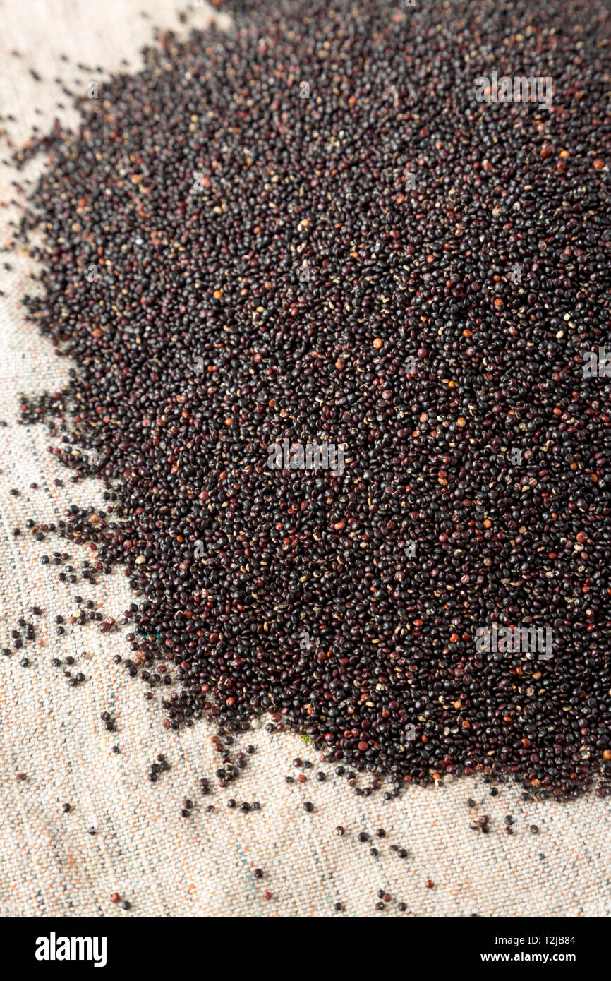 Raw organic black quinoa on cloth, side view. Close-up Stock Photo - Alamy