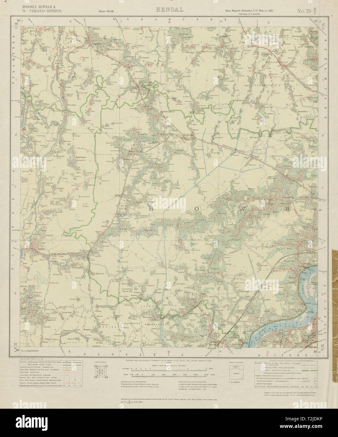 SURVEY OF INDIA 79 B/2 West Bengal Howrah Bargachia Amta Jangipara 1922 ...