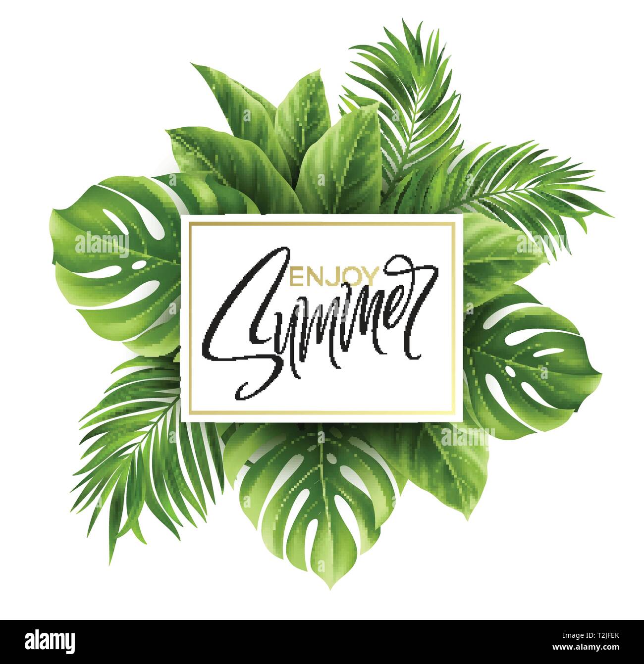 Summer poster with tropical palm leaf and handwriting lettering. Vector ...