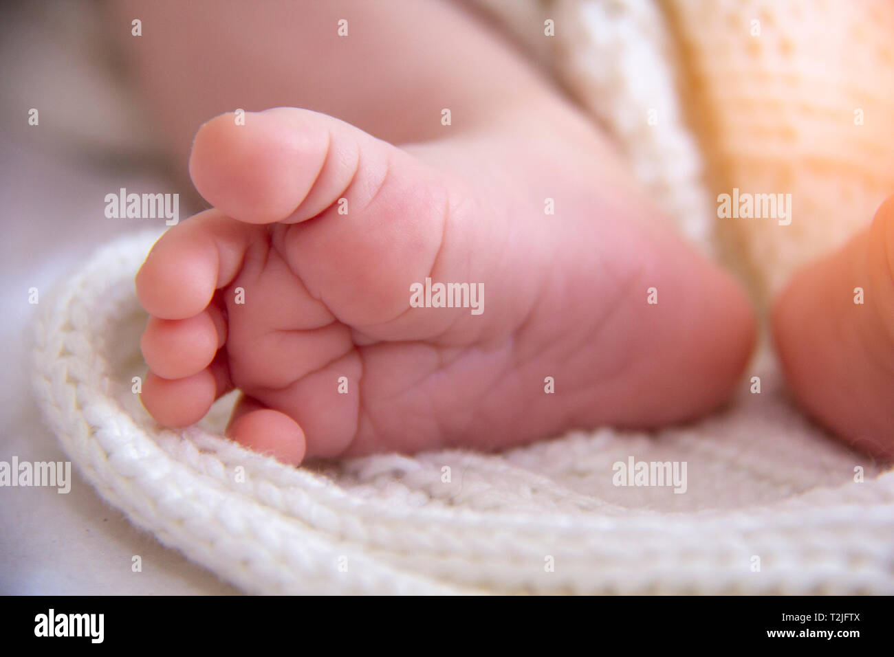 Baby Feet Closeup. Parent Care of Newborn Baby. Little Tiny Kid Fingers ...