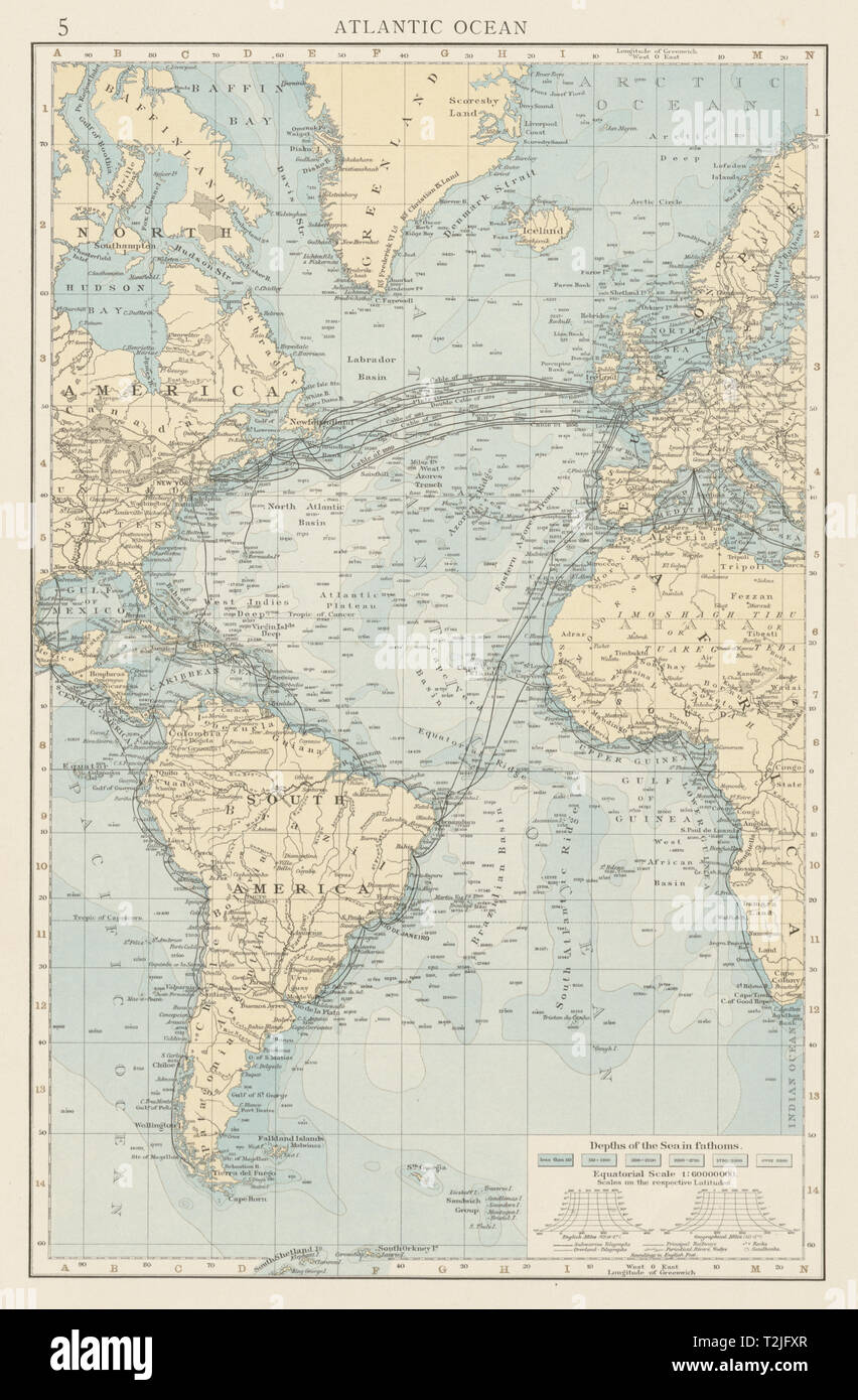 Atlantic Ocean showing depths & telegraph cables. THE TIMES 1900 old ...