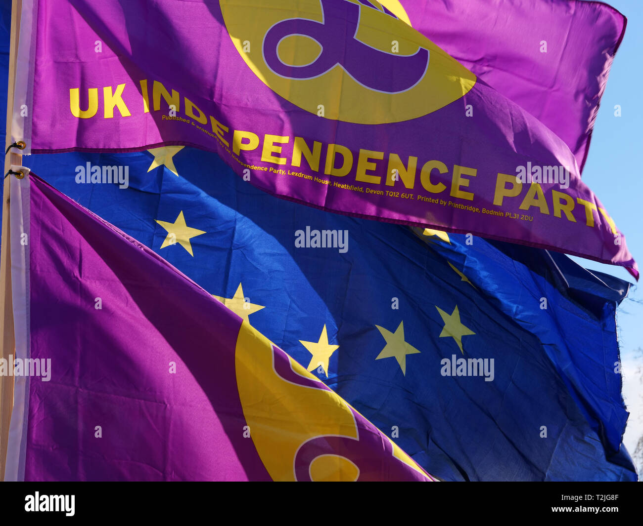 Pro Brexit flags of UKIP waving alongside the flags of the European ...