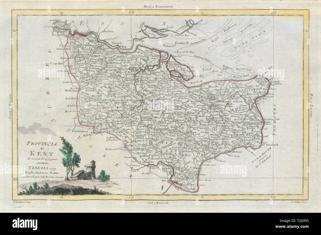 "Provincia di Kent". Kent county map. ZATTA 1779 old antique plan chart ...