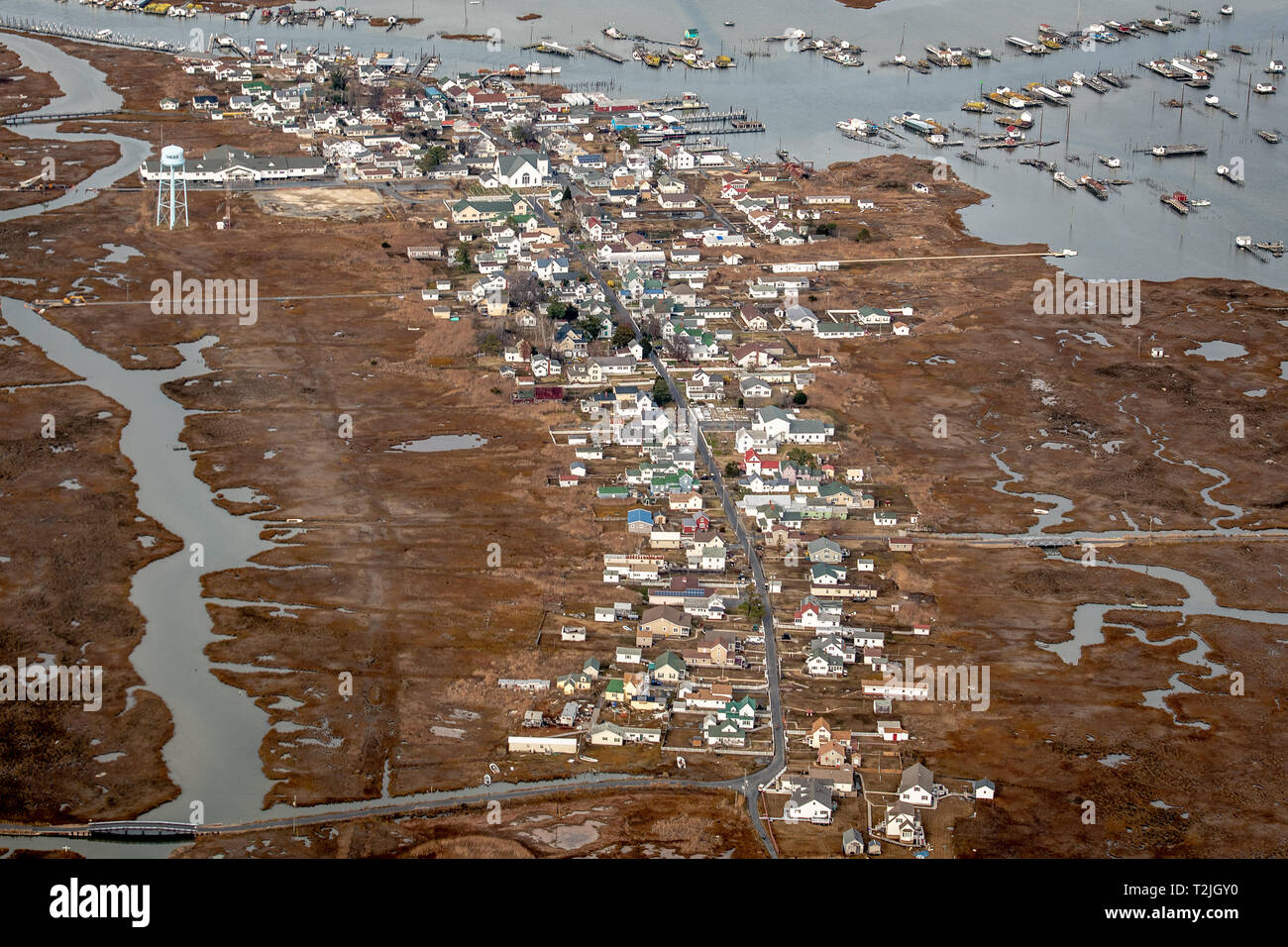 Aerial of the town located on the island of Tangier, Virginia Stock ...