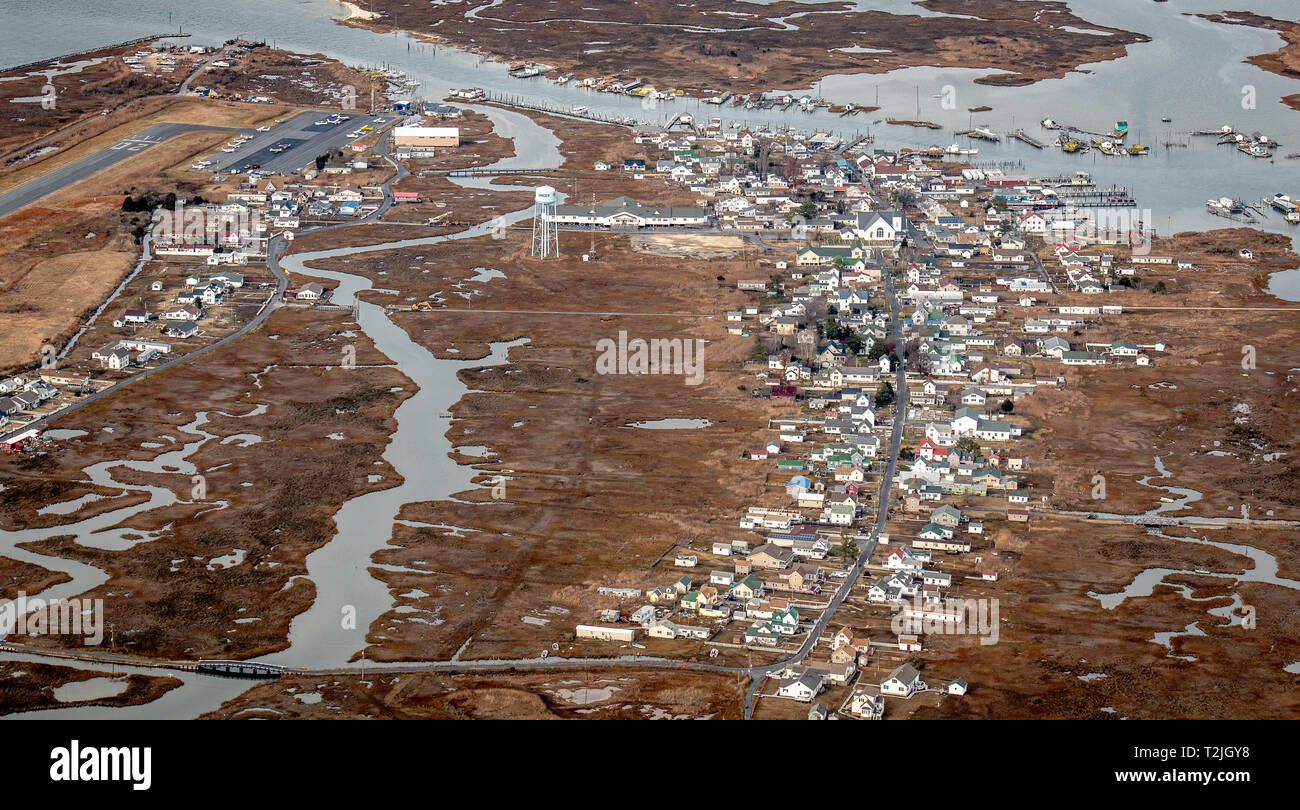Aerial of the town located on the island of Tangier, Virginia Stock ...